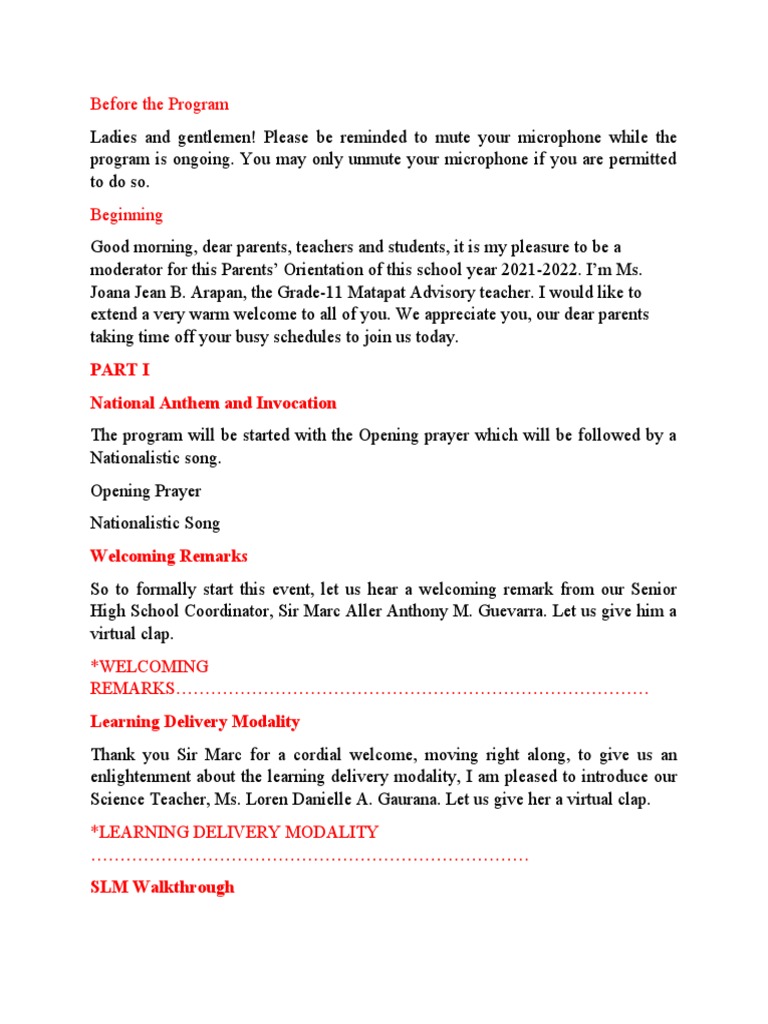 Script PARENTS ORIENTATION | PDF