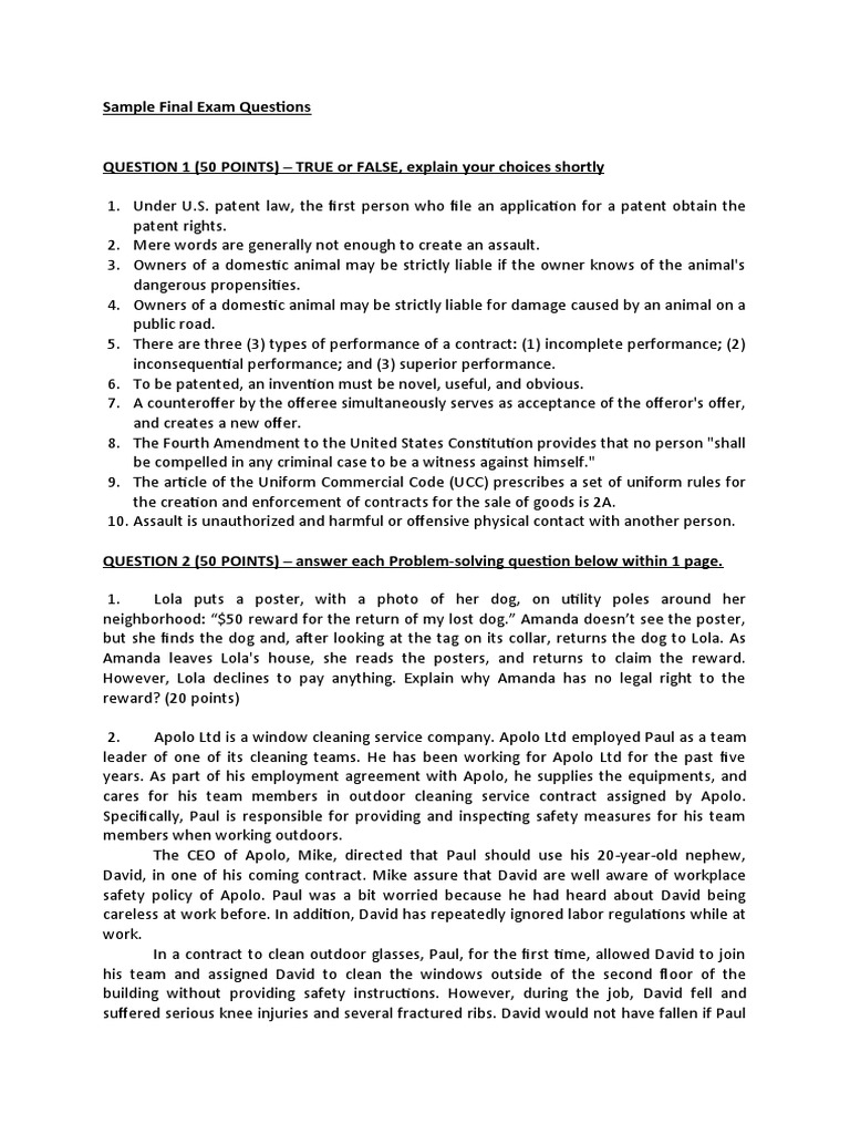 Sample Final Exam Questions | PDF | Offer And Acceptance | Patent