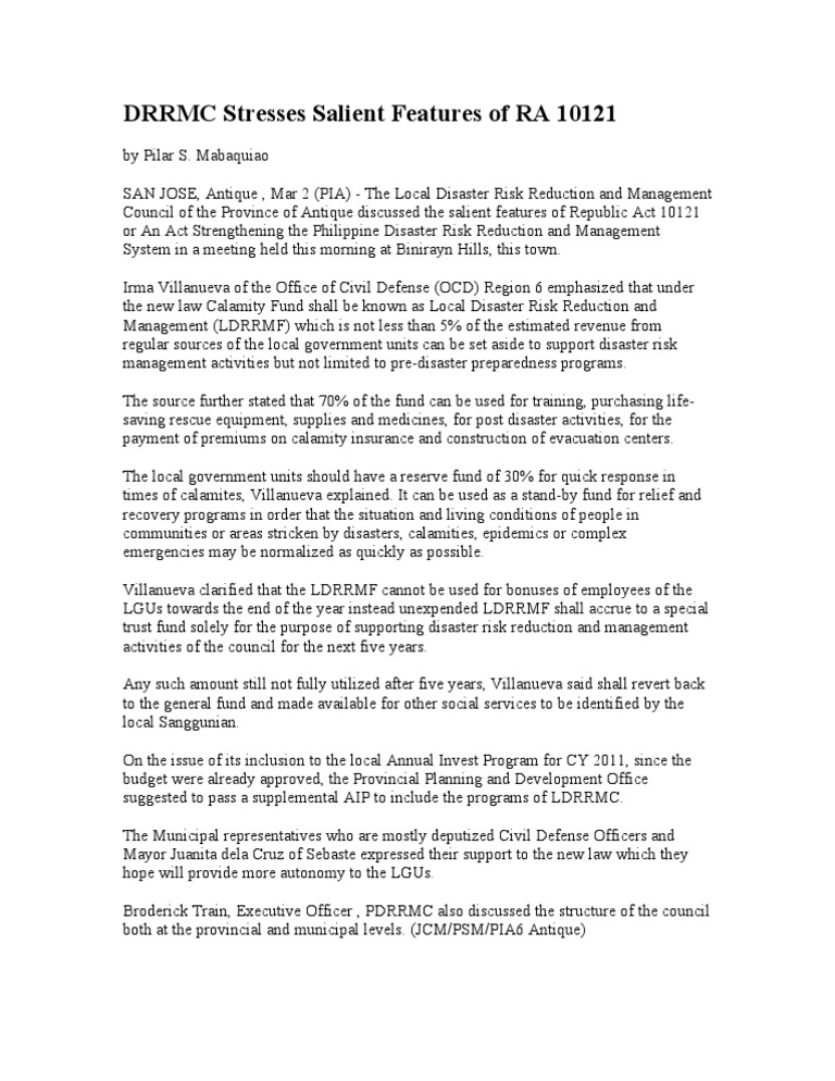 RA 10121 Salient Features | PDF | Public Sphere | Disaster And Accident