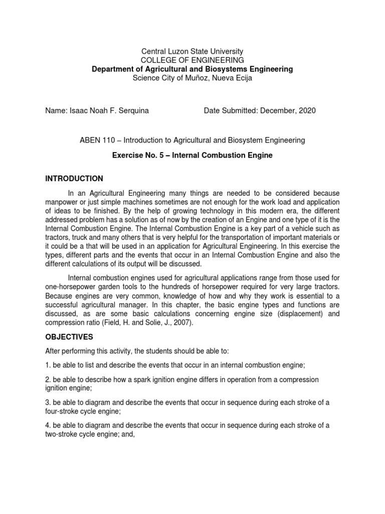 Laboratory Exercise No. 5 Internal Combustion Engine | PDF | Internal ...