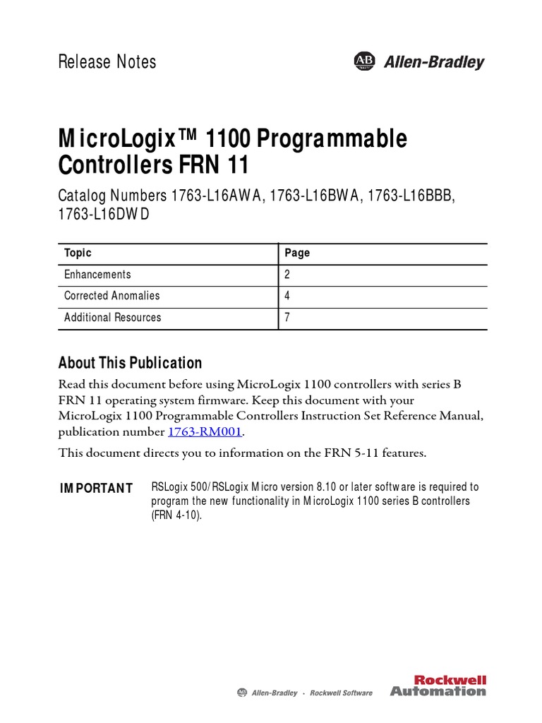 Micrologix™ 1100 Programmable Controllers FRN 11: Release Notes ...