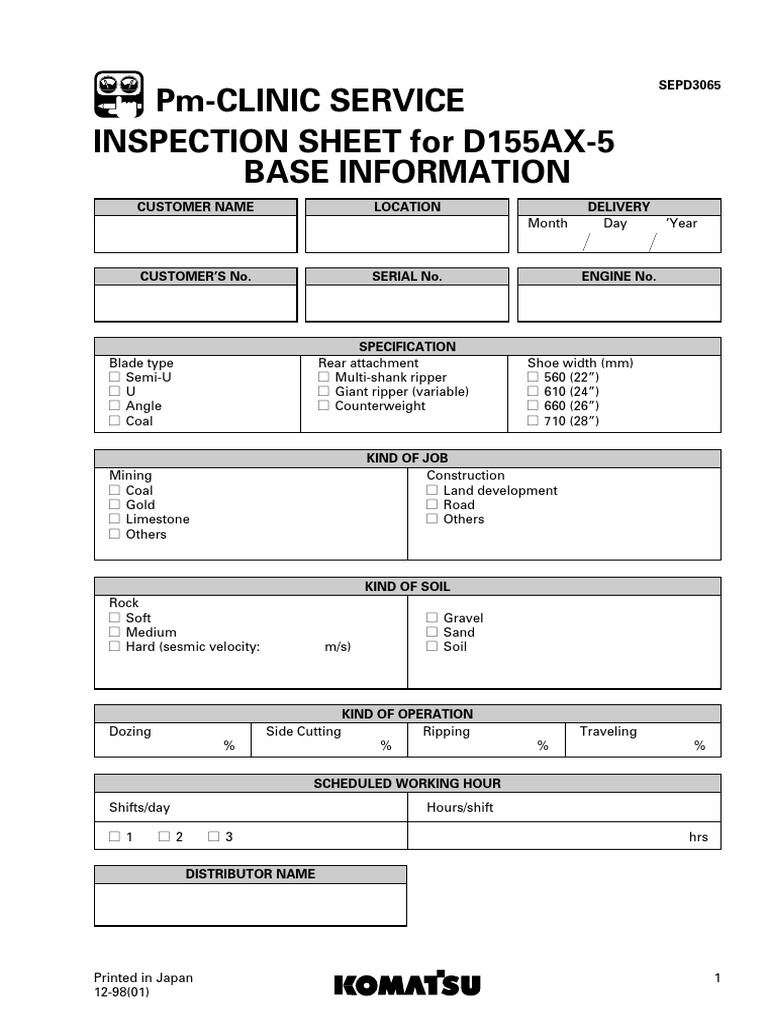 D155AX-5 Inspection Sheet Guide | PDF | Vehicles | Manufactured Goods