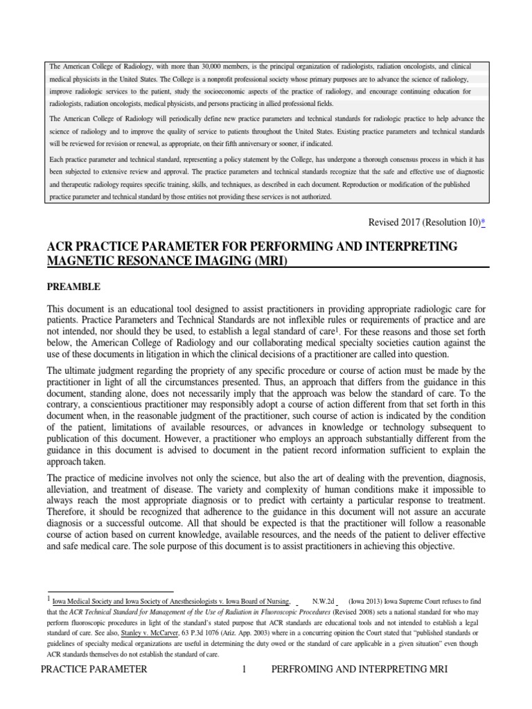 Acr Practice Parameter For Mri | PDF | Radiology | Medical Physics