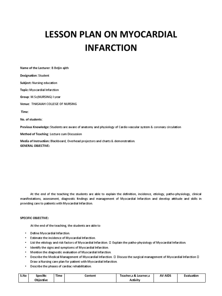 Lesson Plan On Myocardial Infarction: Time | PDF | Myocardial ...