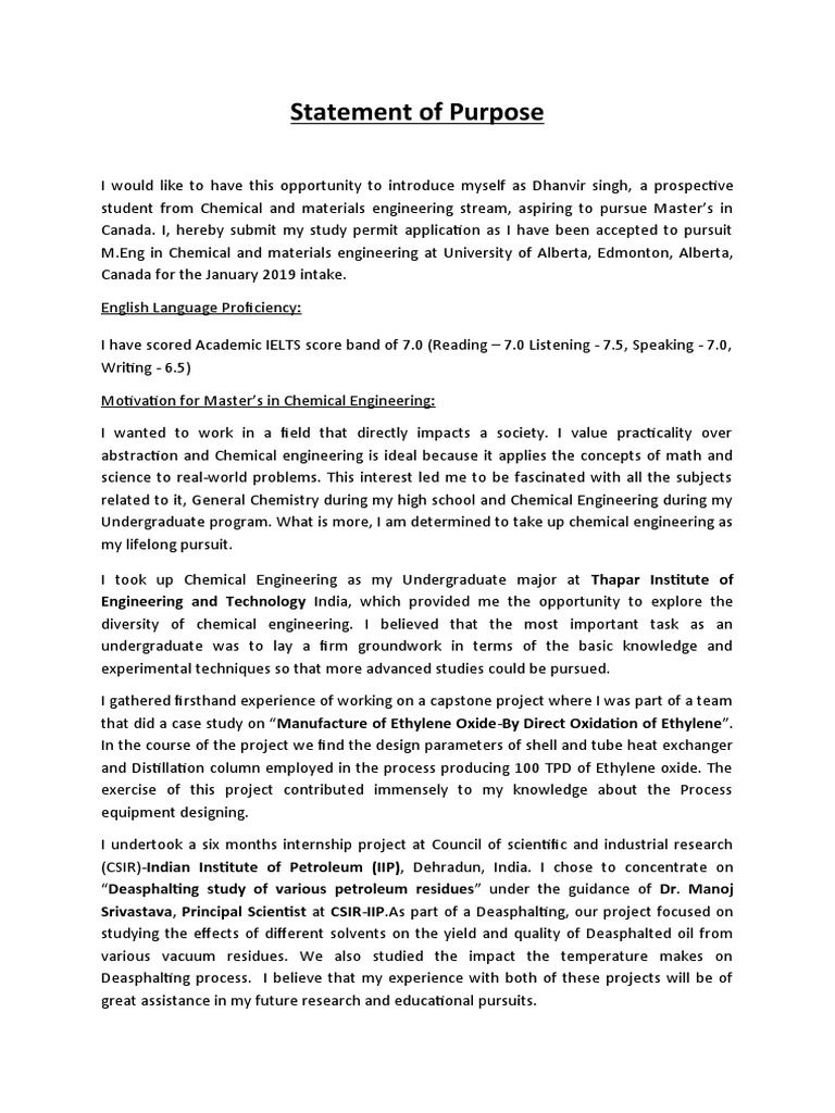 Dhanvir SOP | PDF | Engineering | Chemistry