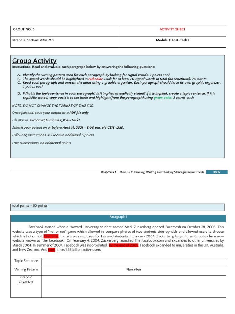 POST TASK 1 Activity Sheet | PDF | Facebook | Mark Zuckerberg