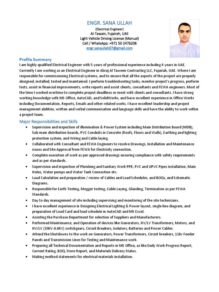 Electrical Engineer Profile | PDF | Plumbing | Electrical Engineering