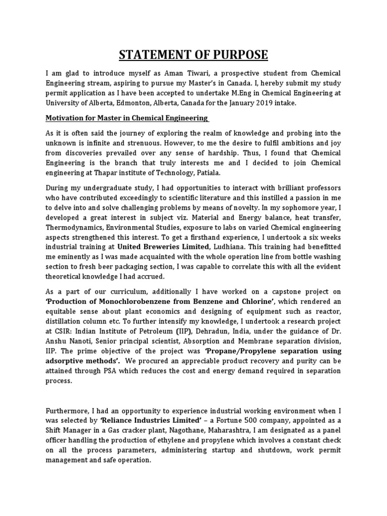 Statement of Purpose: Motivation For Master in Chemical Engineering ...