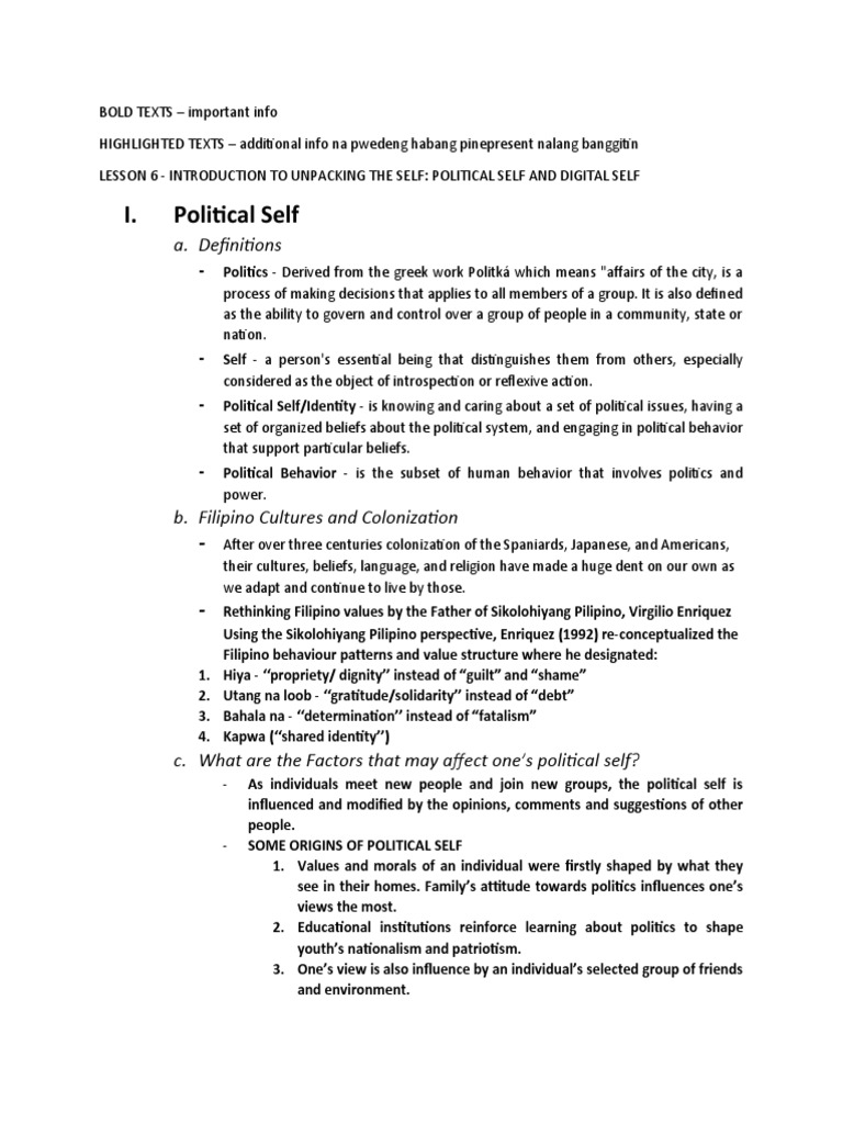 I. Political Self: A. Definitions | Download Free PDF | Behavior | Self