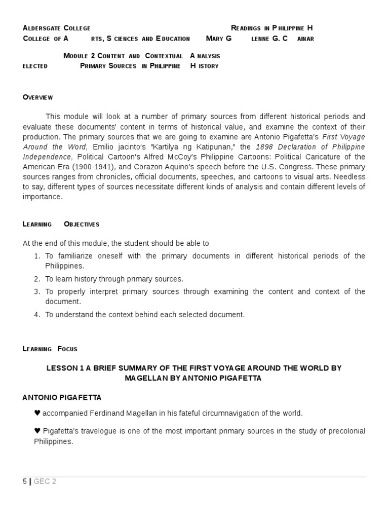 Module 2 Content and Contextual Analysis of Selected Primary Sources in ...
