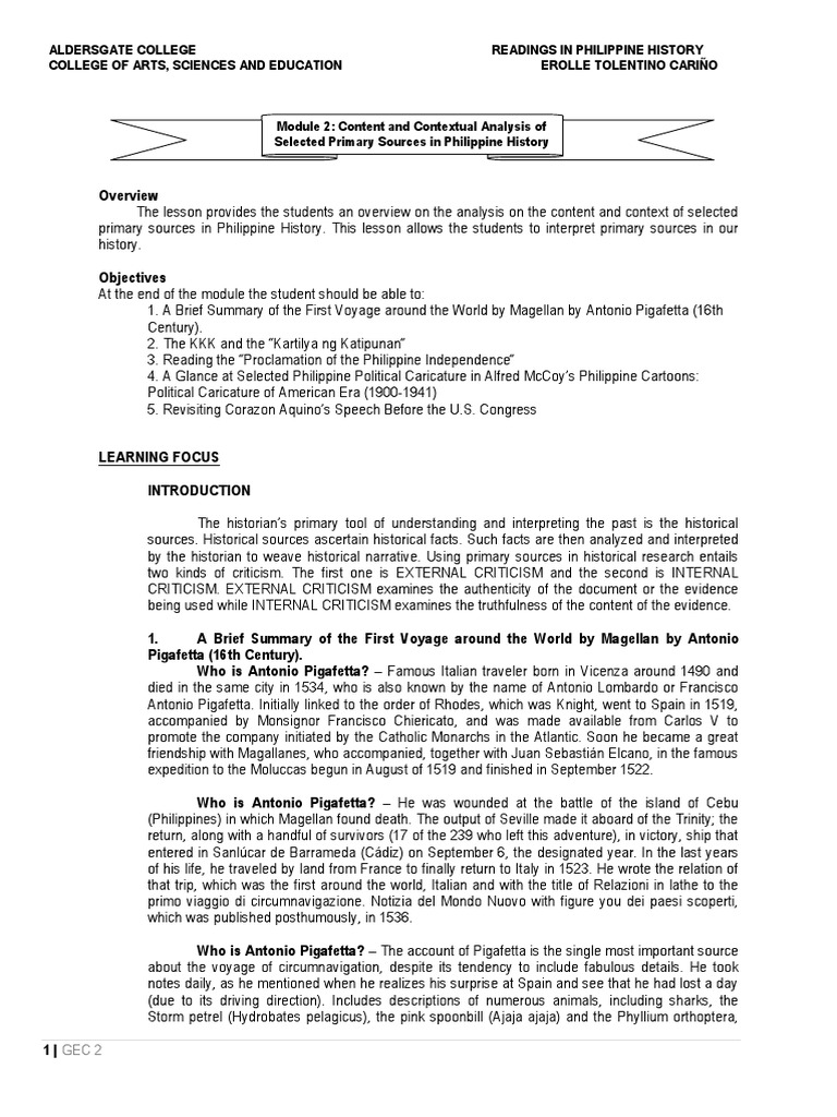 RPH Module 2 Content and Contextual Analysis of Selected Primary Sources in Philippine History ...