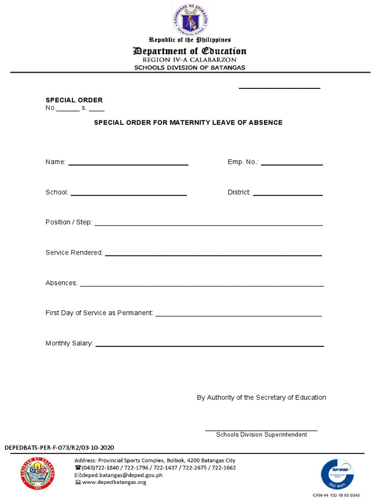 F 073 Special Order For Maternity Leave of Absence r2 | PDF | Business ...