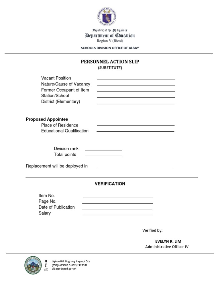 Personnel Action Slip: Department of Education | PDF