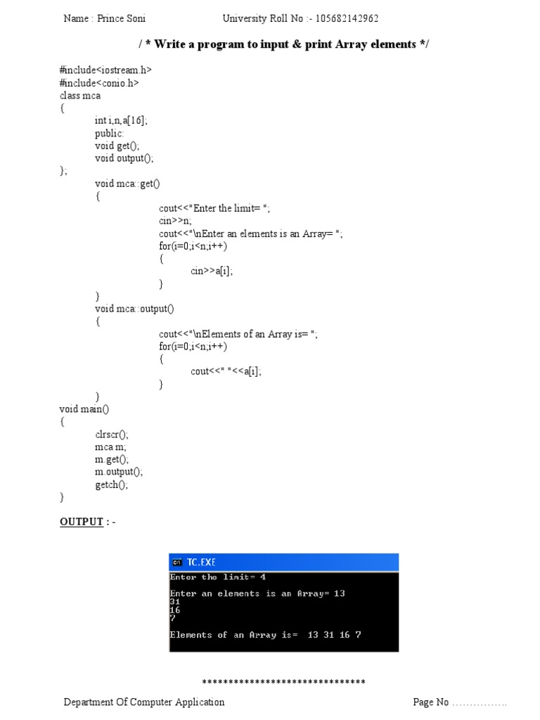 Write A Program To Input & Print Array Elements /: Output | Download Free PDF | Matrix ...