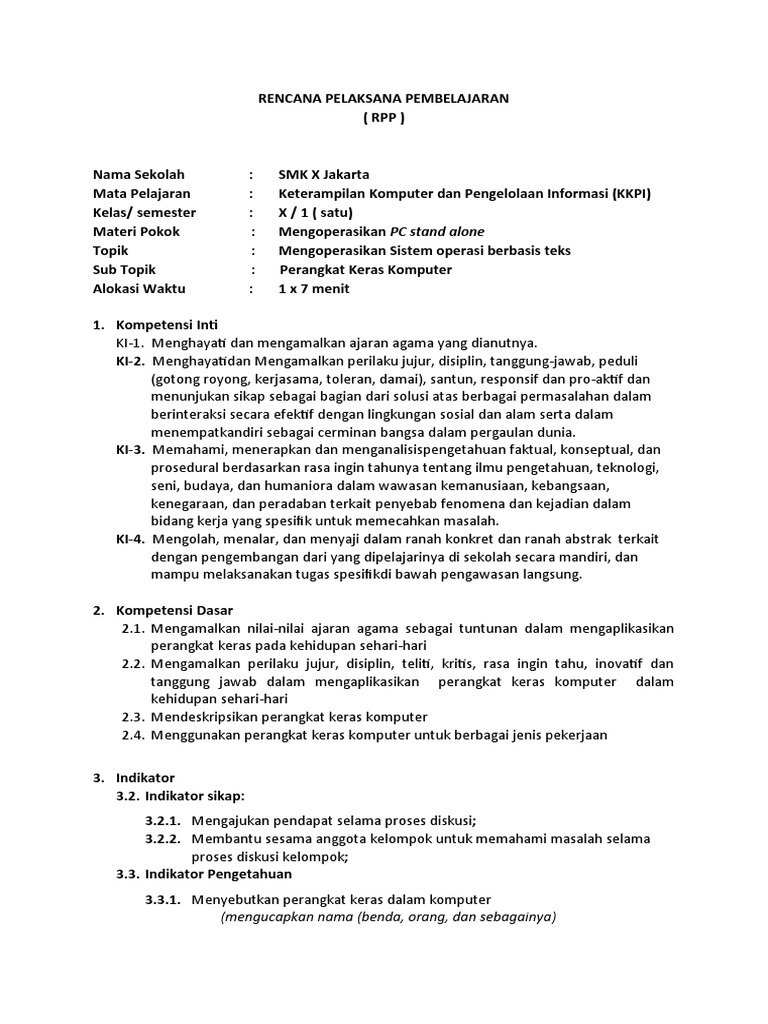 Contoh RPP SMK Kelas 10 Perangkat Keras | PDF