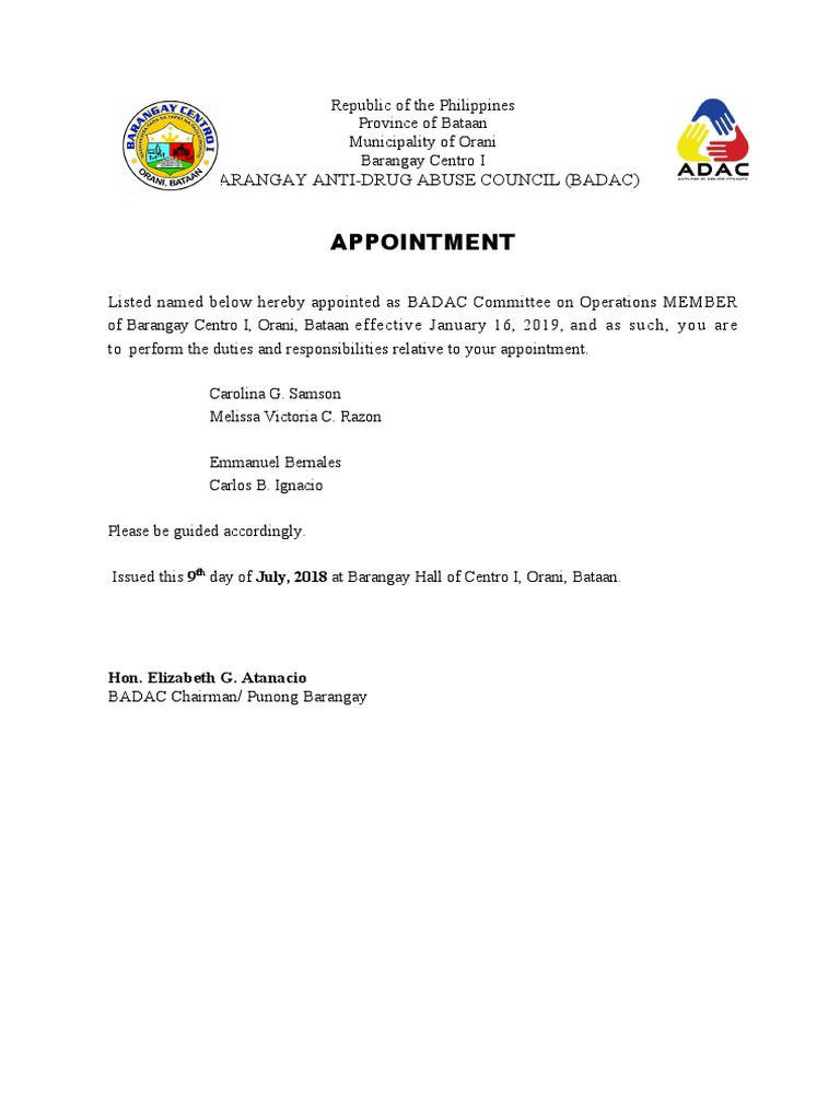 Appointment: Barangay Anti-Drug Abuse Council (Badac) | PDF ...