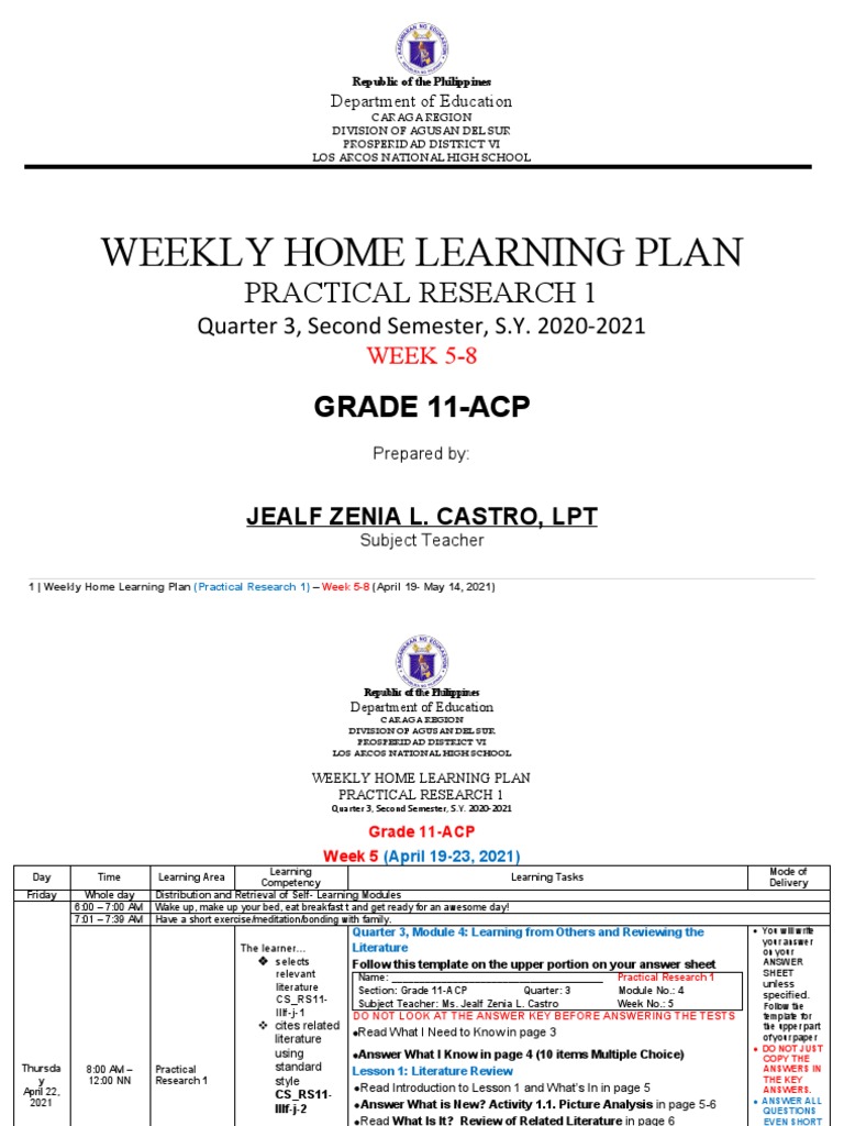 Weekly Home Learning Plan 11ACP PR1 Week 5 8 | PDF | Apa Style | Citation