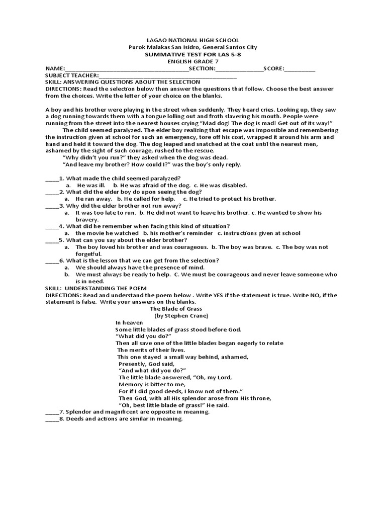 Grade 7 English Summative Test | PDF | Language Arts & Discipline