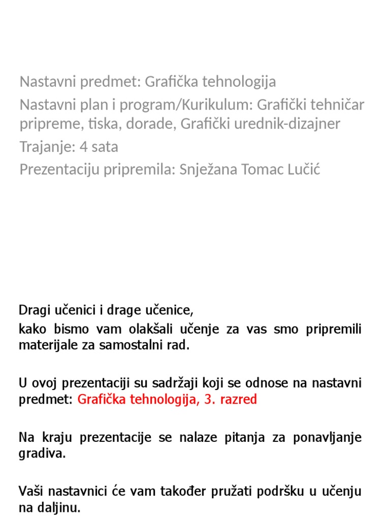 Grafički Tehničar Grafička Tehnologija Limotisak 3. Razred | PDF