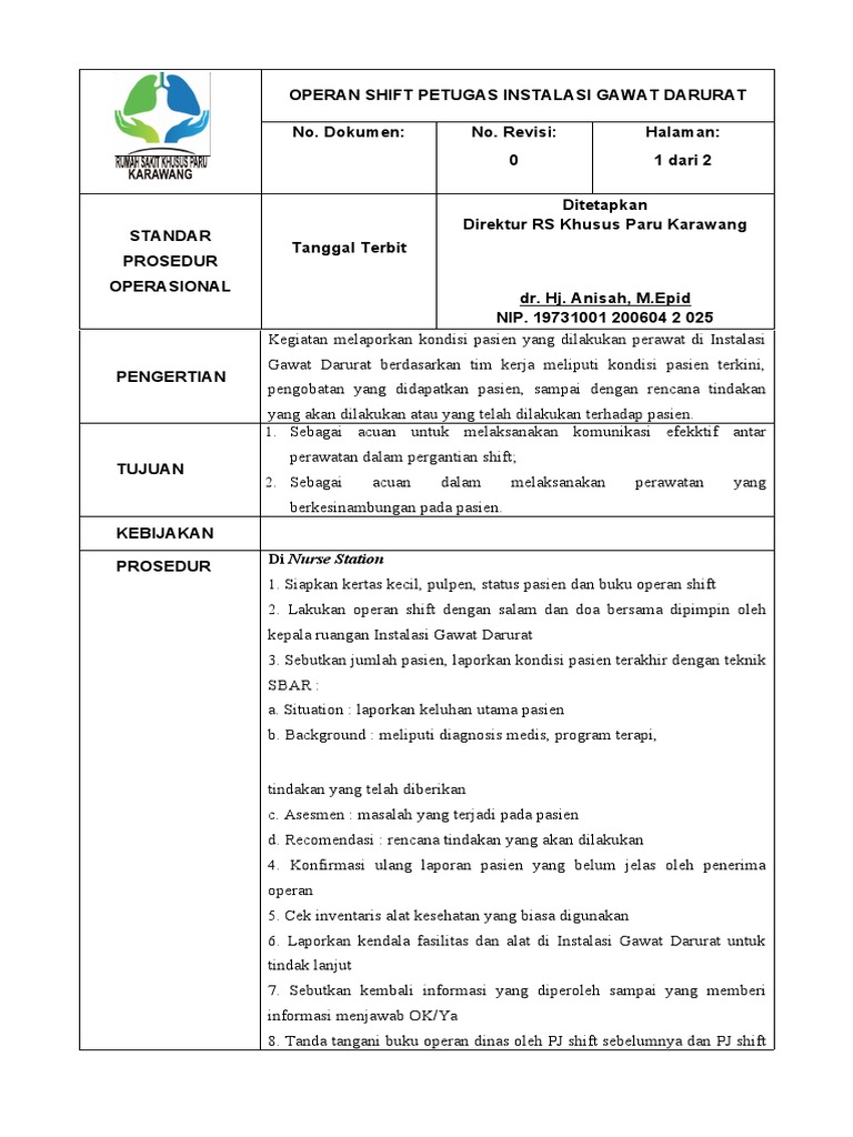 Operan Jaga Perawat Igd | PDF