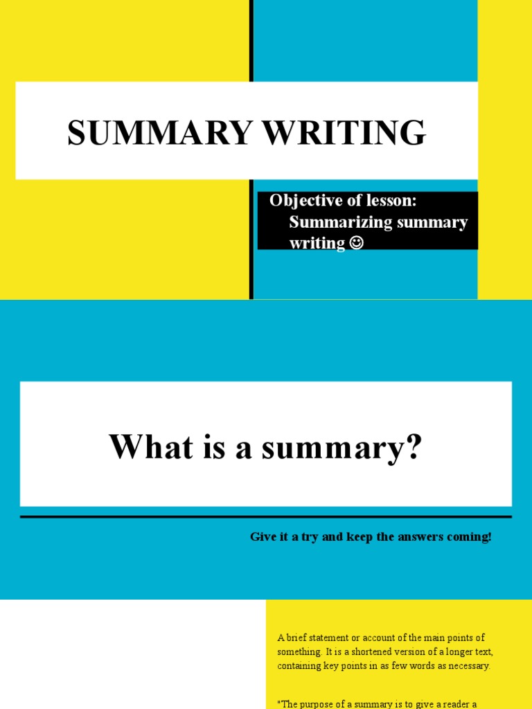 Objective of Lesson: Summarizing Summary Writing | PDF | Speed Reading ...
