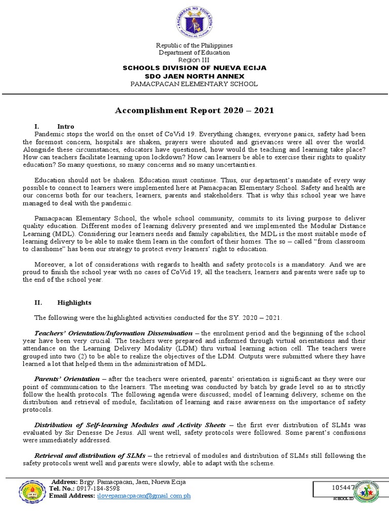 Accomplishment Report 2020 - 2021: I. Intro | PDF