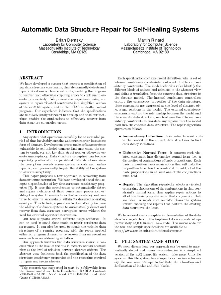 Automatic Data Structure Repair For Self-Healing Systems: Brian Demsky ...