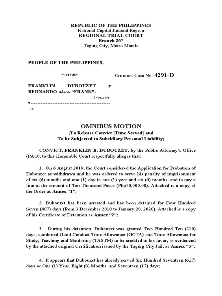 Omnibus Motion - Time Served & Subsidiary Franklin Dubouzet | PDF ...