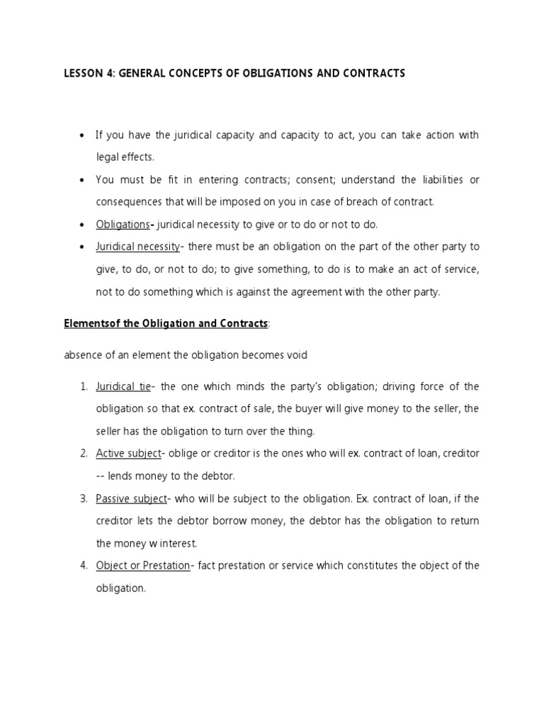 Lesson 4: General Concepts of Obligations and Contracts | PDF | Law Of ...