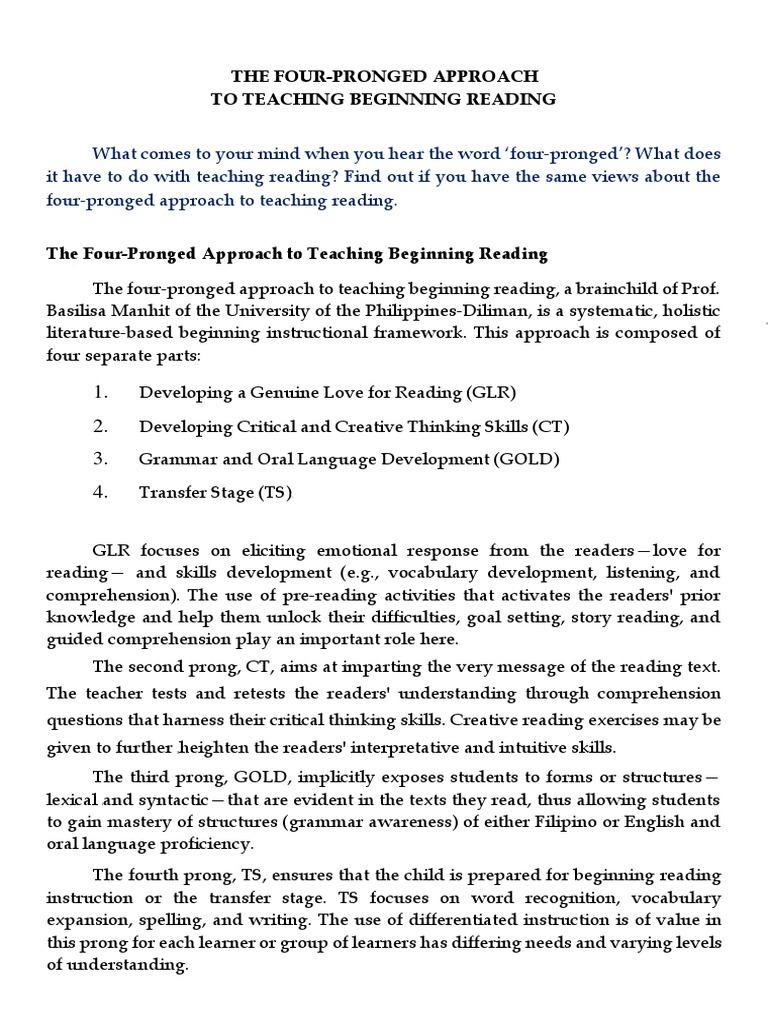The Four-Pronged Approach to Teaching Beginning Reading: A Holistic and ...
