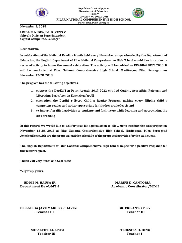 Proposal for the National Reading Month Celebration at Pilar National ...