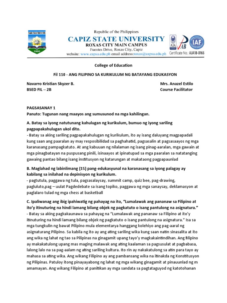 Navarro Kristian Skyzer B. BSED FIL 2B FIL 110 | PDF