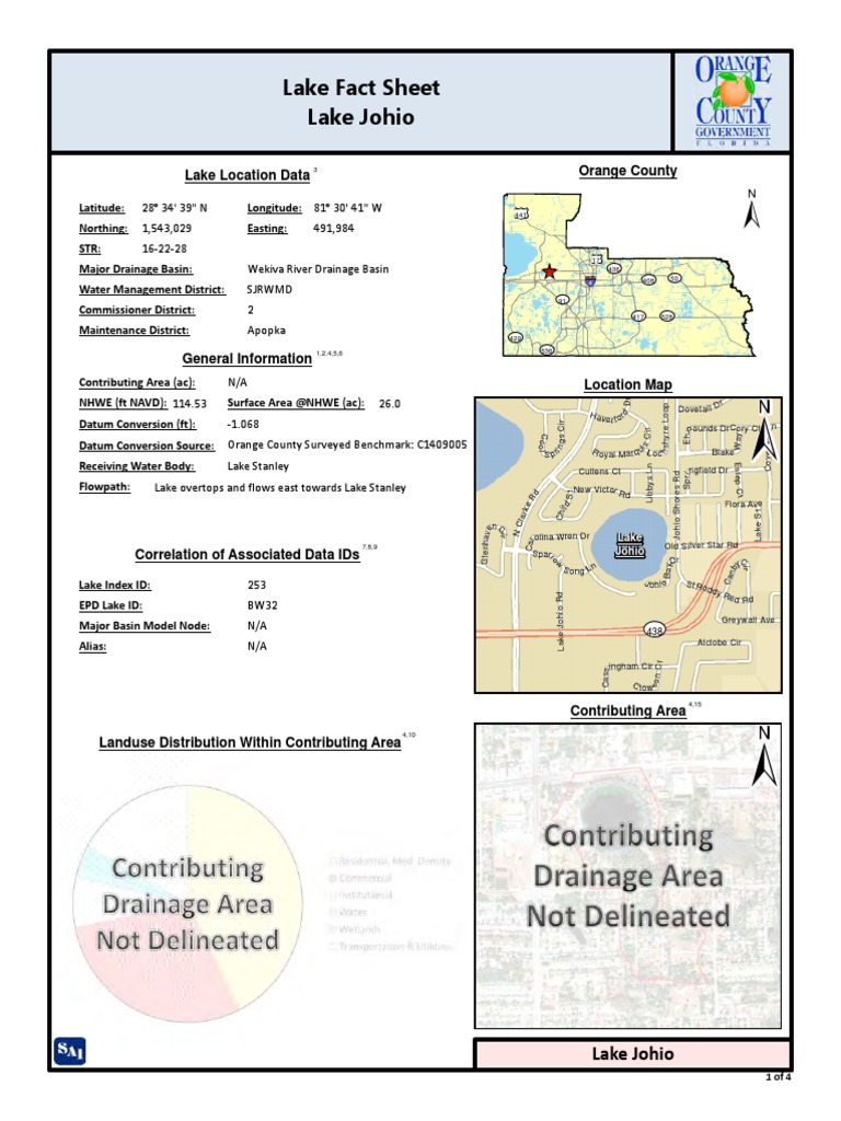 Lake Fact Sheet Lake Johio: Orange County Lake Location Data | PDF ...