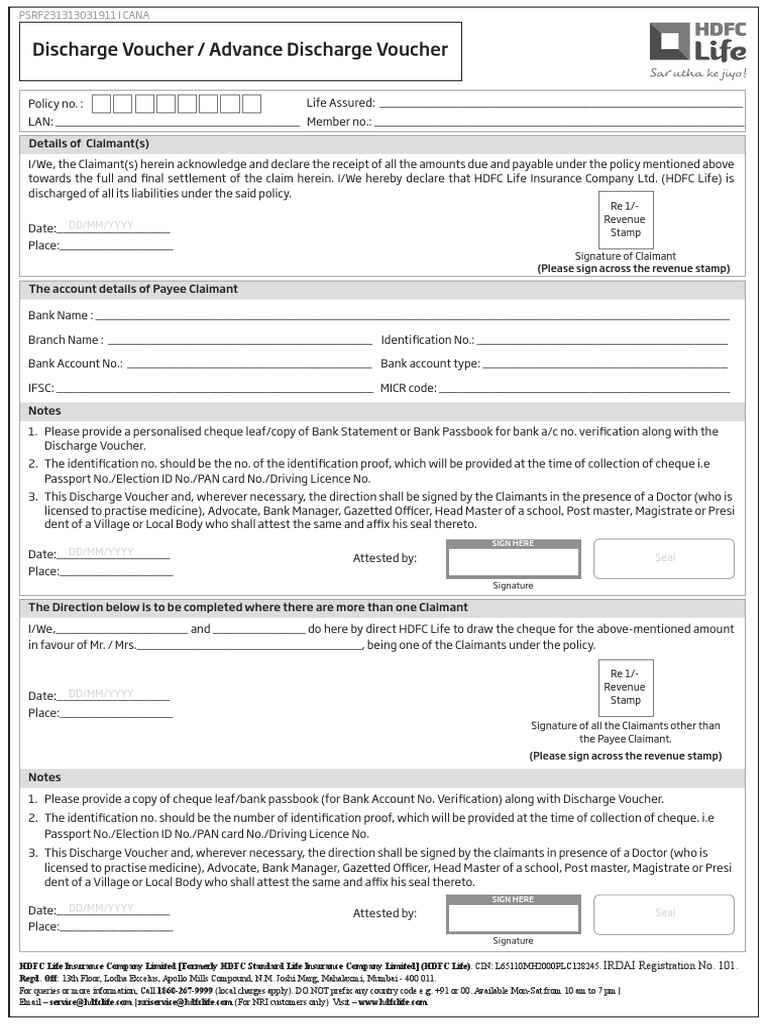 HDFC Life Discharge Voucher Template | PDF | Identity Document | Cheque