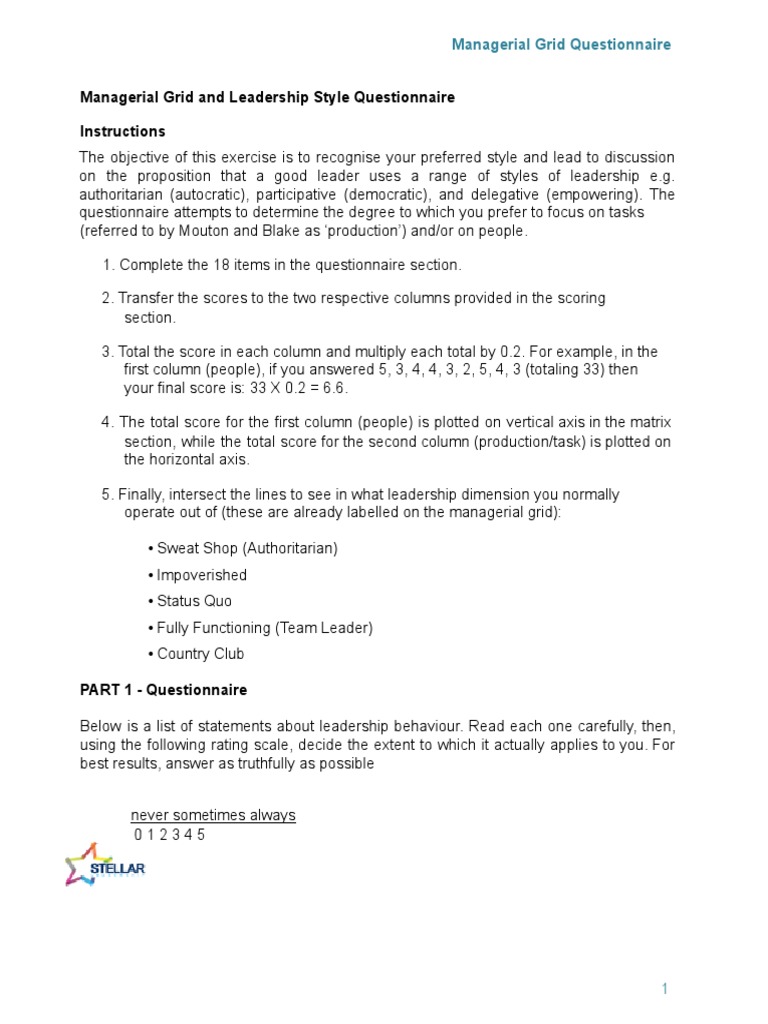 Managerial Grid and Leadership Style Questionnaire Instructions | PDF ...