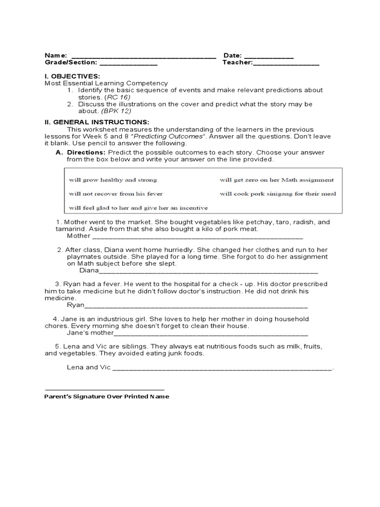 Name: - Date: - Grade/Section: - Teacher: - I. Objectives | PDF | Self ...