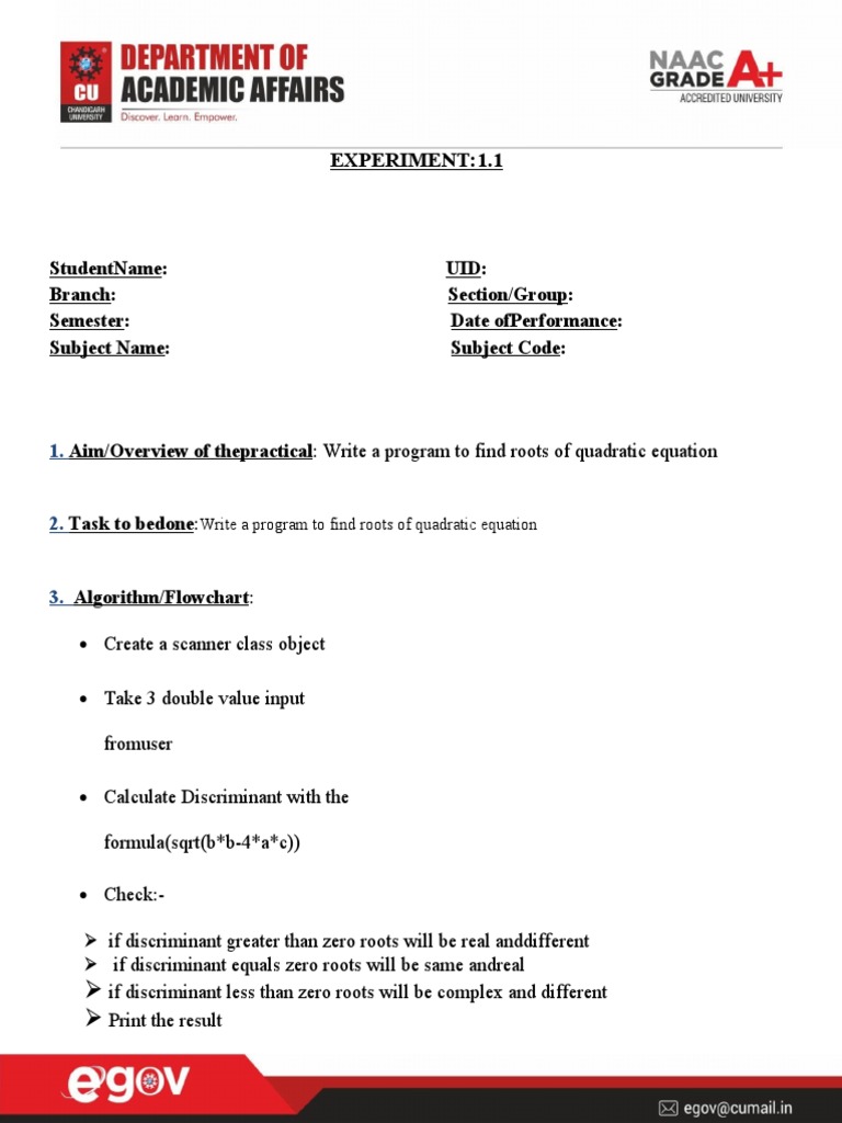 Experiment:1.1: Studentname: Uid: Branch: Section/Group: Semester: Date ...