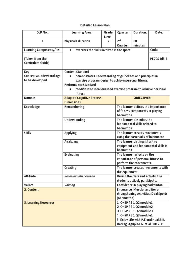 Detailed Lesson Plan 2 PE Badminton | PDF | Physical Education ...