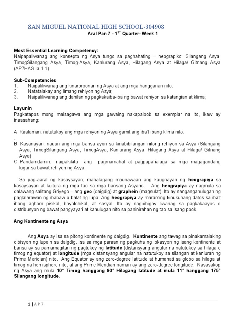 San Miguel National High School-304908: Aral Pan 7 - 1 Quarter-Week 1 | PDF
