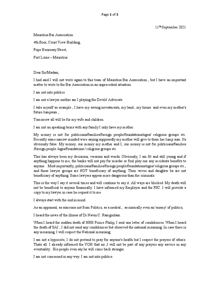 Letter To The Mauritius Bar Association 11th September 2021 | PDF ...