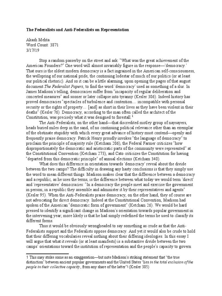 The Federalists and Anti-Federalists On Representation | PDF ...