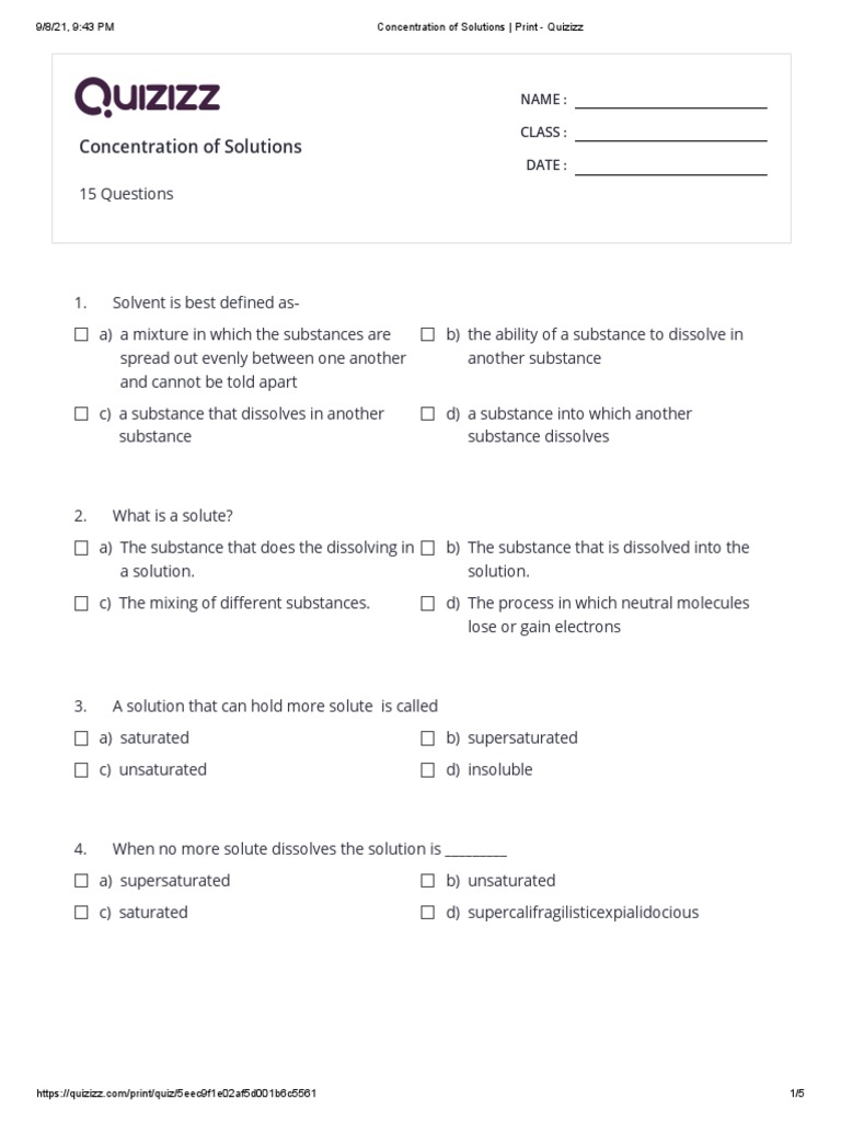 Concentration of Solutions - Print - Quizizz | PDF | Solution | Solvation