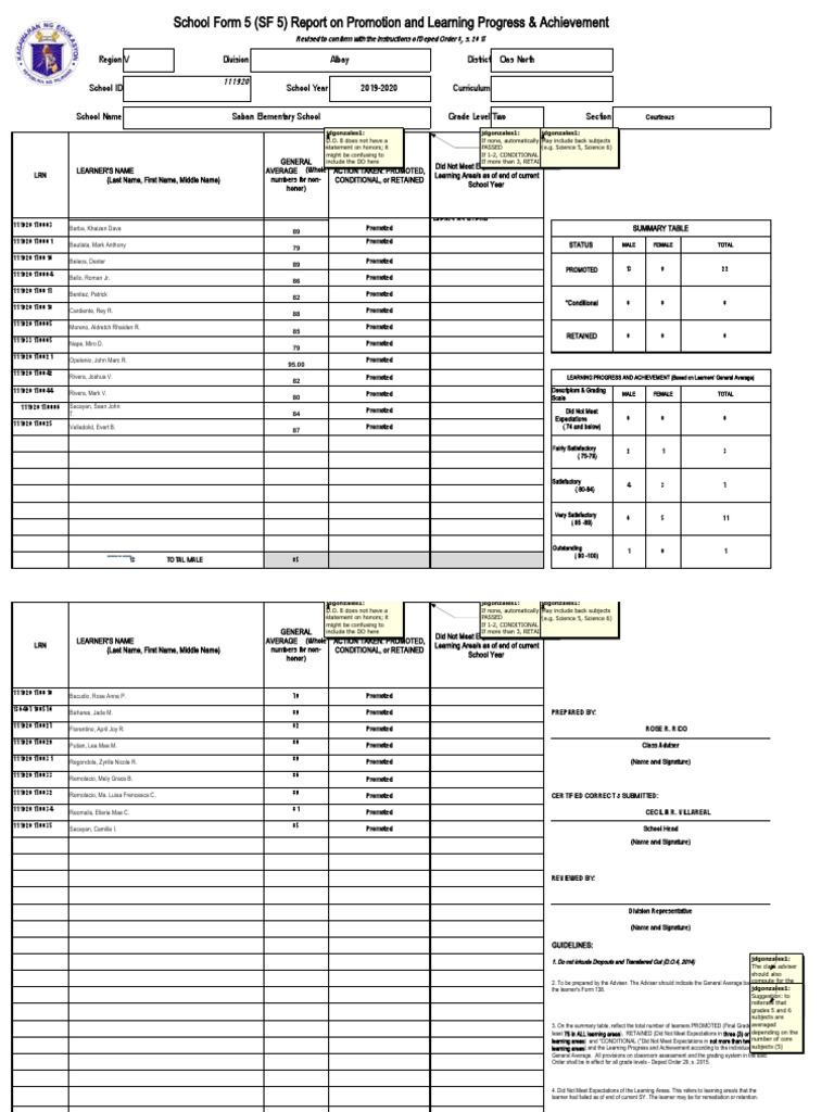 School Form 5 Reporton Promotionand Learning Progress Achievement | PDF ...