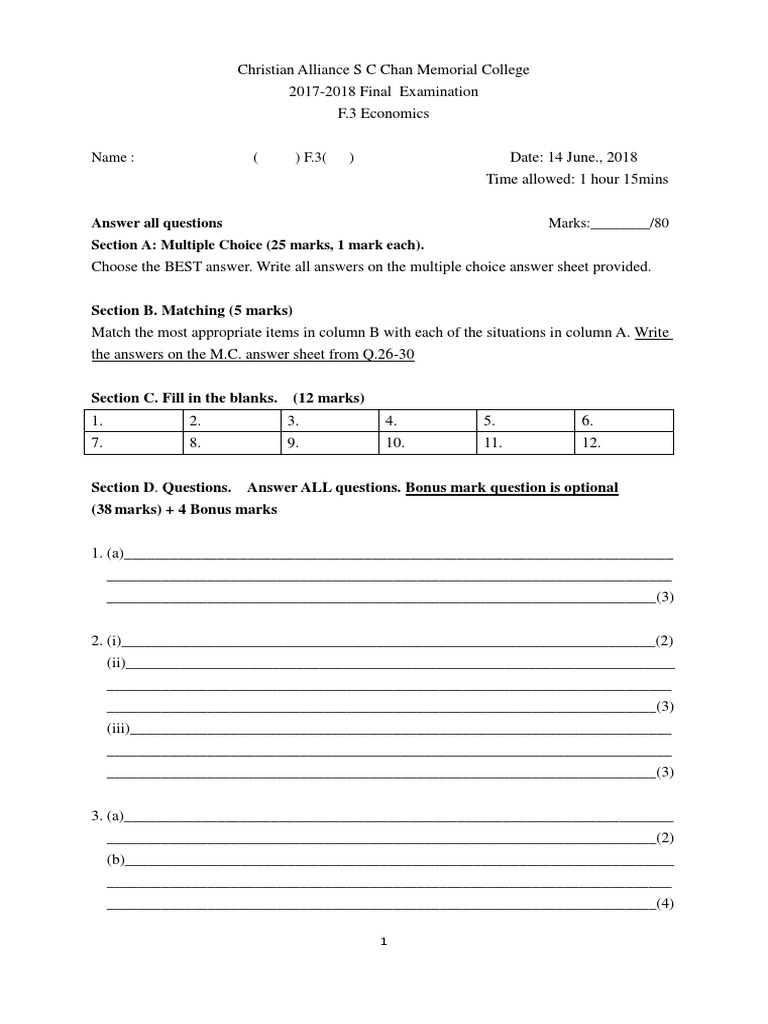 F.3 Economics Final Exam 2017-2018 | PDF | Multiple Choice | Qualifications