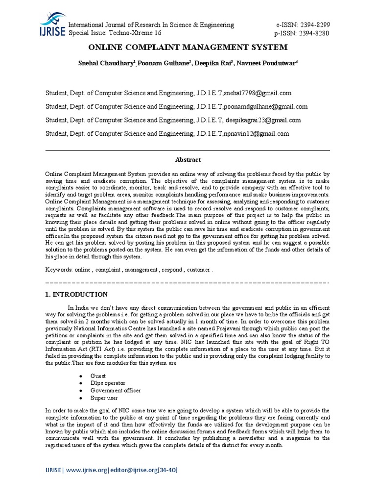 Online Complaint Management System: Snehal Chaudhary Poonam Gulhane ...