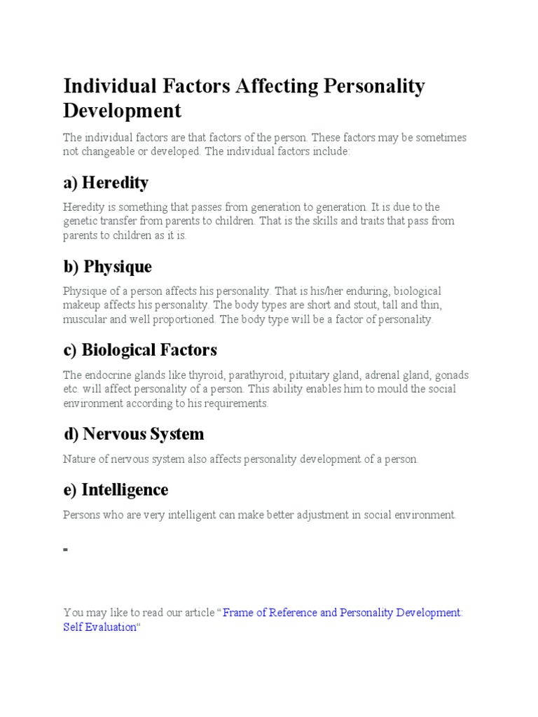 Individual Factors Affecting Personality Development | PDF | Human Nature