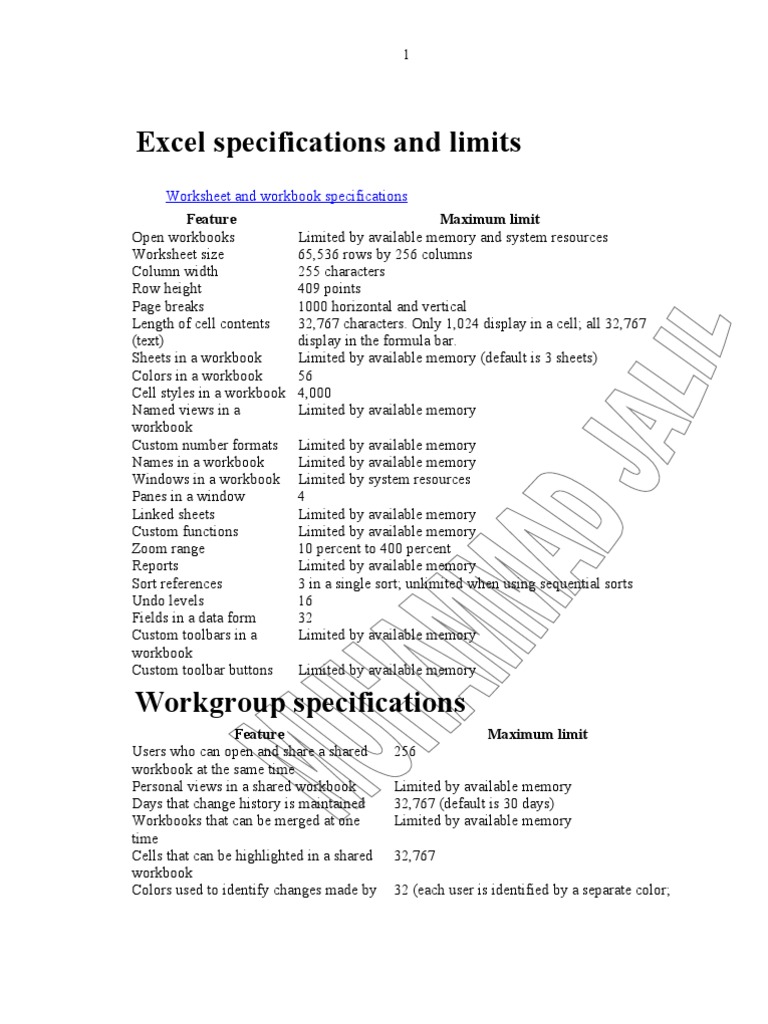 Excel Specifications And Limits Pdf Hyperlink Web Page