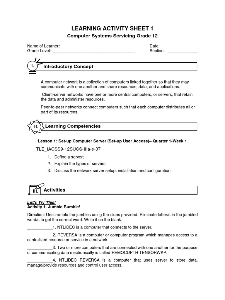 Learning Activity Sheet 1: Computer Systems Servicing Grade 12 | PDF ...