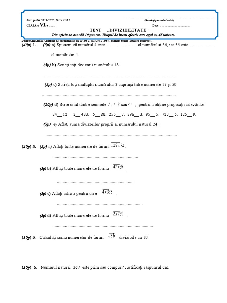 Test 5.4 Diviibilitatea | PDF