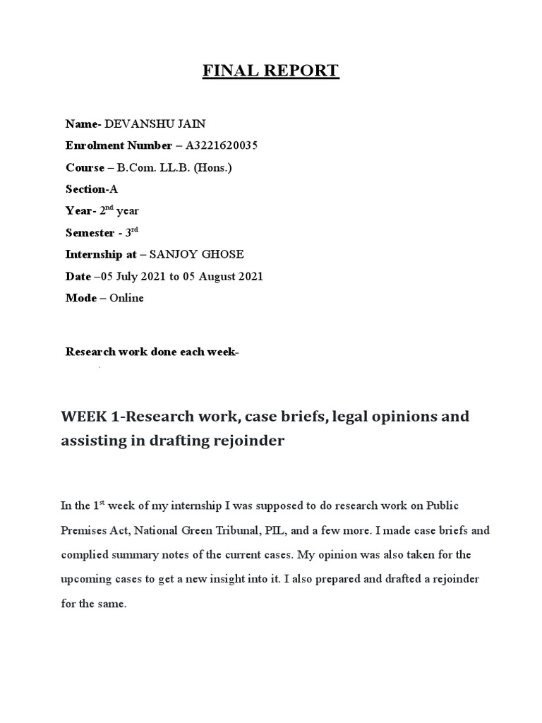 Final Report: WEEK 1-Research Work, Case Briefs, Legal Opinions and ...